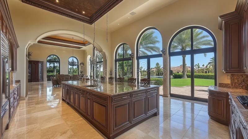 Luxurious Kitchen with Garden View: Expansive Island, Arched Windows ...