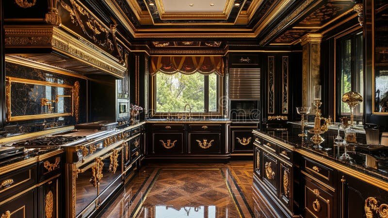 A Luxurious Kitchen with Gold Accents and Rich Colors.. Stock Photo ...