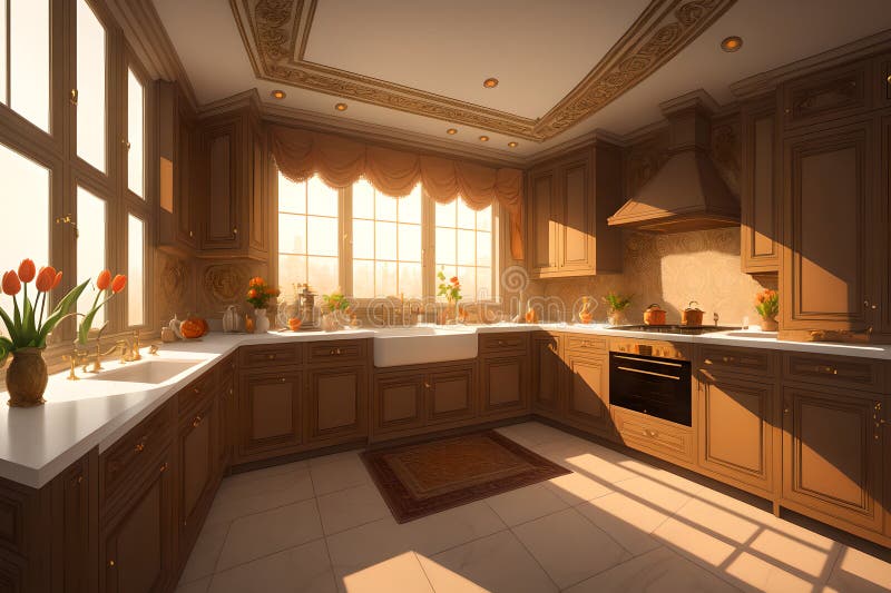 Luxurious Kitchen Interior in a Modern Royal Palace, in Light of Sunset ...