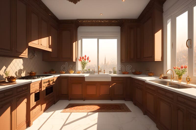 Luxurious Kitchen Interior in a Modern Royal Palace, in Light of Sunset ...