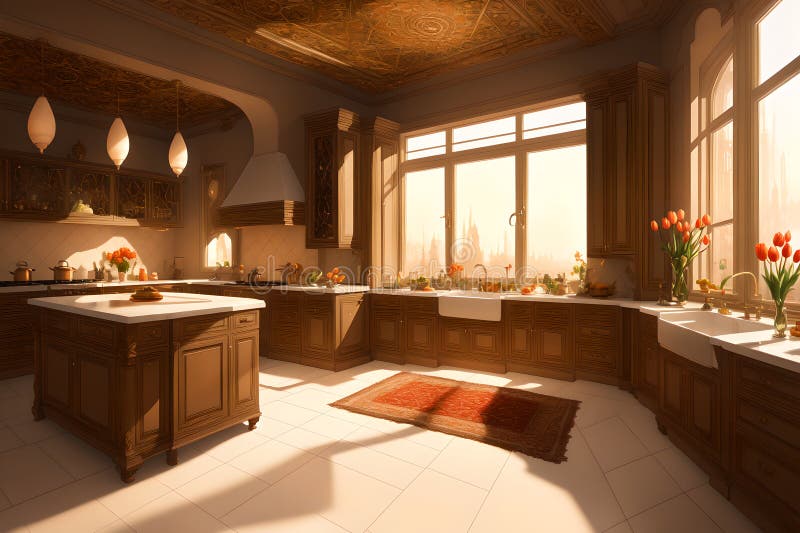 Luxurious Kitchen Interior in a Modern Royal Palace, in Light of Sunset ...