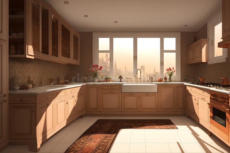 Luxurious Kitchen Interior in a Modern Royal Palace, in Light of Sunset ...