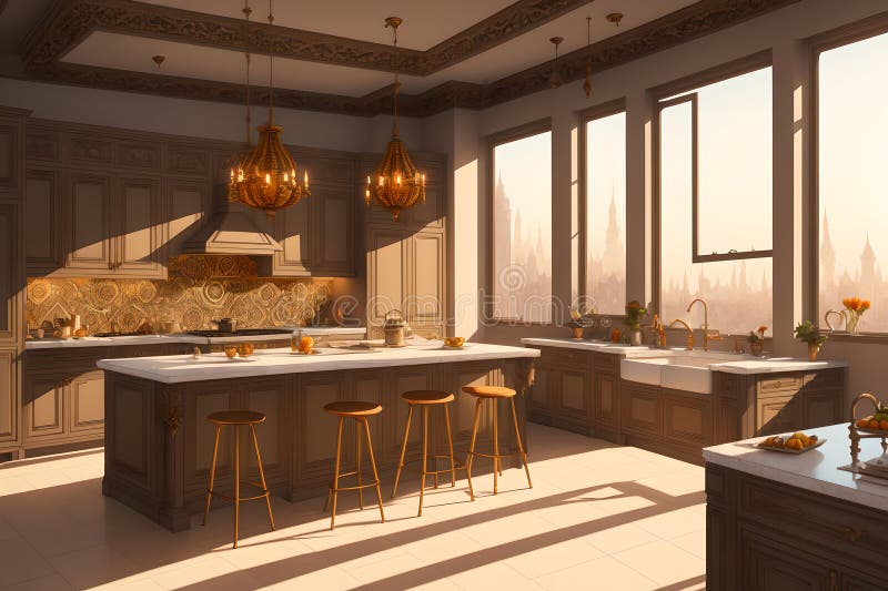 Luxurious Kitchen Interior in a Modern Royal Palace, in Light of Sunset ...