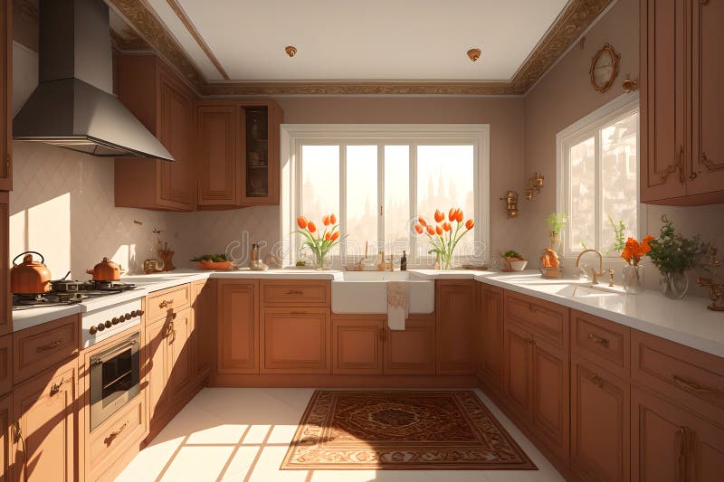 Luxurious Kitchen Interior in a Modern Royal Palace, in Light of Sunset ...