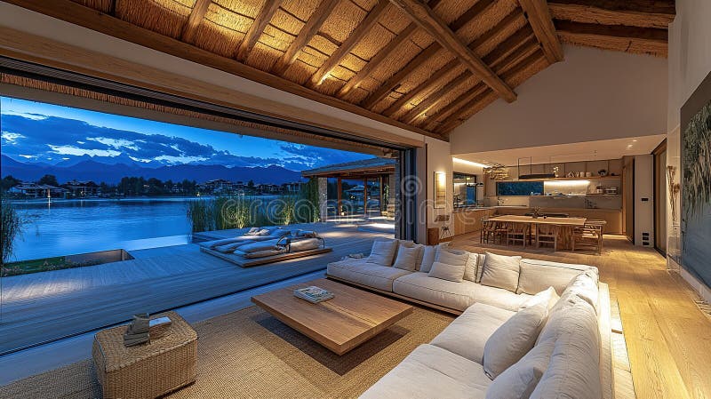 Luxurious Lakefront Living Room with Panoramic Views Stock Illustration ...