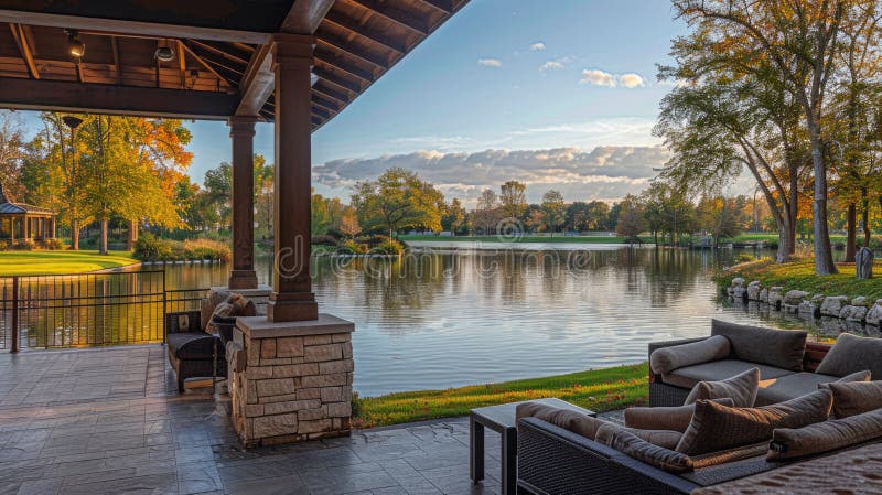 Luxurious Lakeside Patio with Comfortable Seating Stock Illustration ...