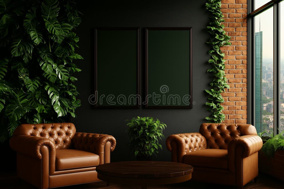 Luxurious Leather Armchairs in Modern Interior with Greenery and Brick ...