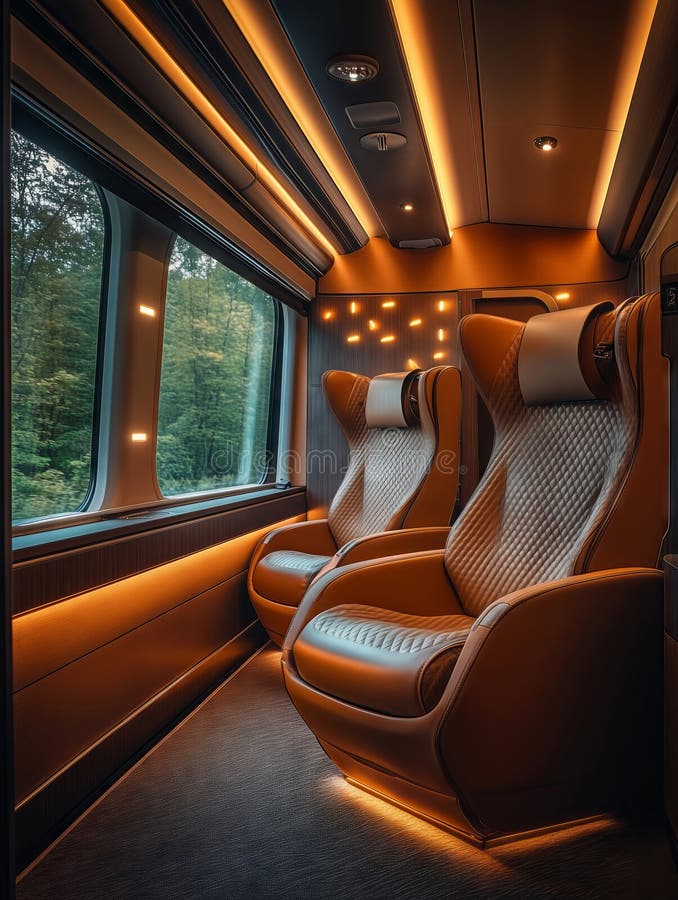 Luxurious Leather First-class Train Compartment Bathed in Warm Lighting ...