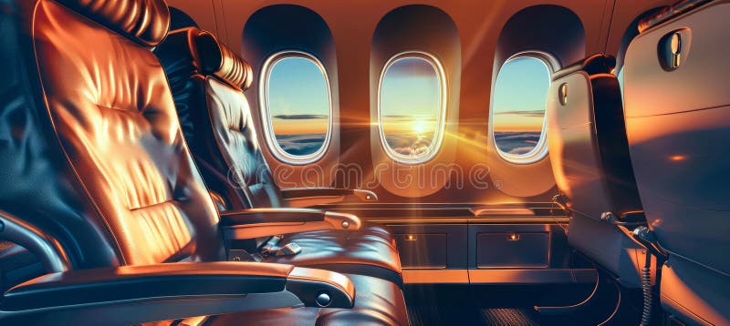 A Luxurious Leather Seat in an Airplane Cabin with a Stunning Sunset ...