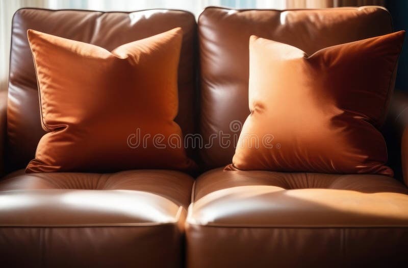 Luxurious Leather Sofa with Plush Pillows Basking in Ambient Light ...