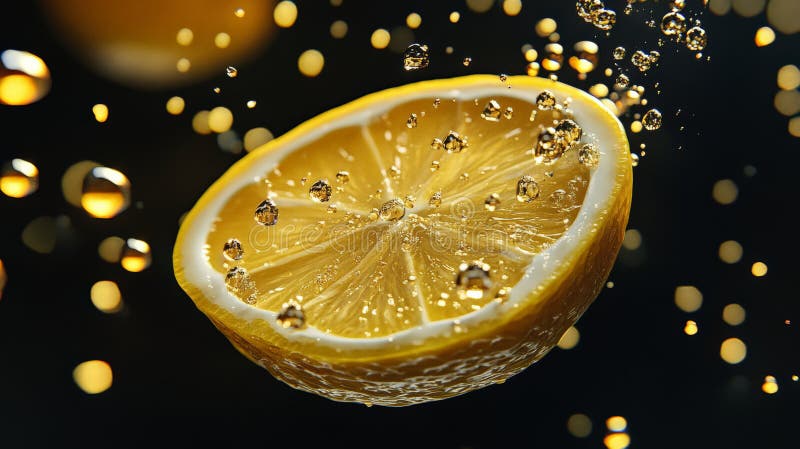 A Luxurious Lemon Slice in Mid-air, Surrounded by Droplets of Golden ...