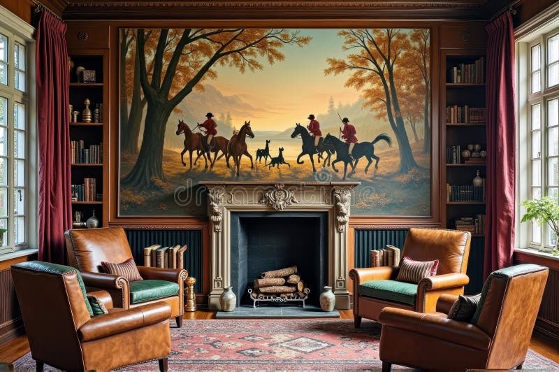 Luxurious Library with Fireplace and Large Equestrian Painting Stock ...