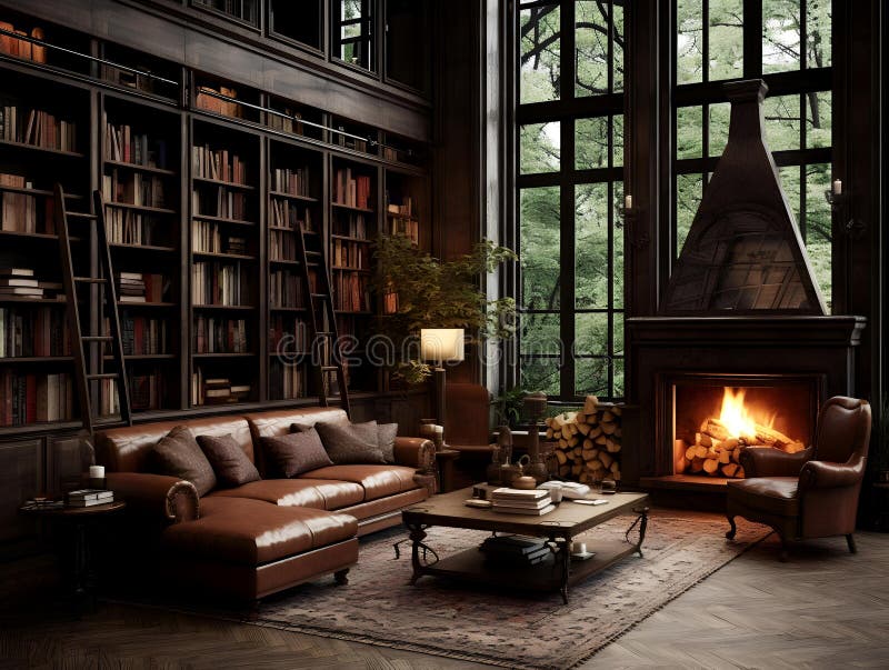 Luxurious Library with Leather Sofa, Fireplace, and Large Windows Stock ...