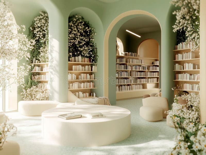 A Luxurious Library or Reading Room Interior, Featuring Circular White ...