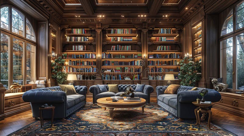 A Luxurious Library with Two Plush Couches Facing Each Other in Front ...