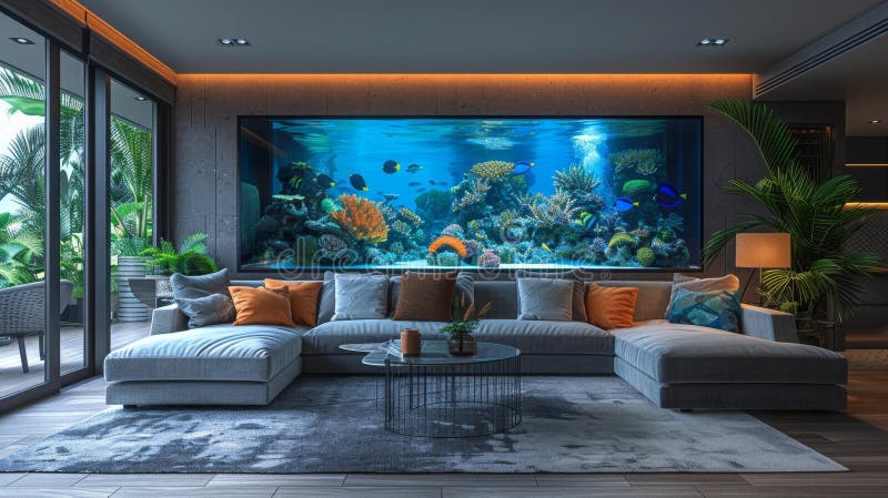 Luxurious Living Room with Aquarium - Generative Ai Stock Illustration ...