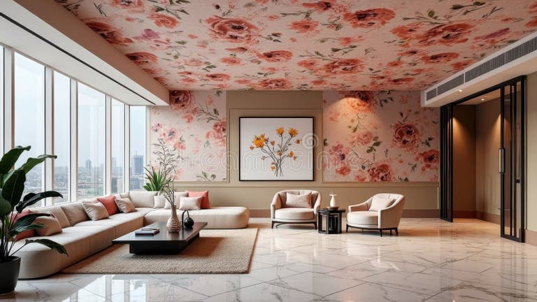 Luxurious Living Room with Floral Ceiling and Modern Decor Stock Image ...