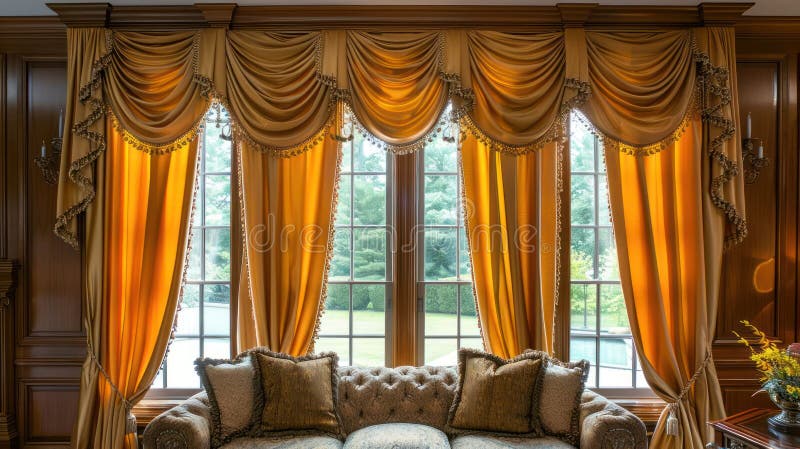 A Luxurious Living Room with a Large Window and Gold Curtains Stock ...