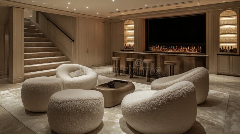 Luxurious Living Room with Plush Seating, a Bar, and a Staircase Stock ...
