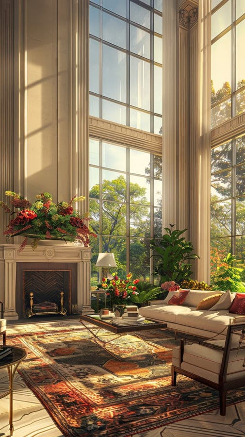 Luxurious Living Room with Tall Windows, Natural Light, and Elegant ...
