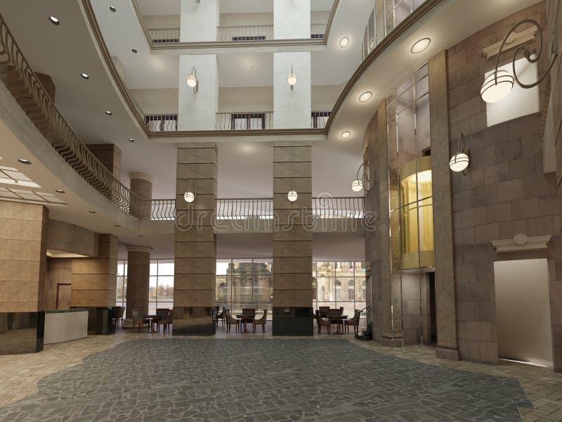 Luxurious Lobby with Dark Stone Walls and Pillars with Floor Stock ...