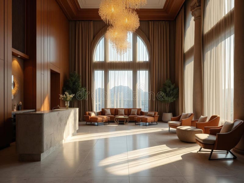 Luxurious Lobby Interior Design with Panoramic View Stock Illustration ...