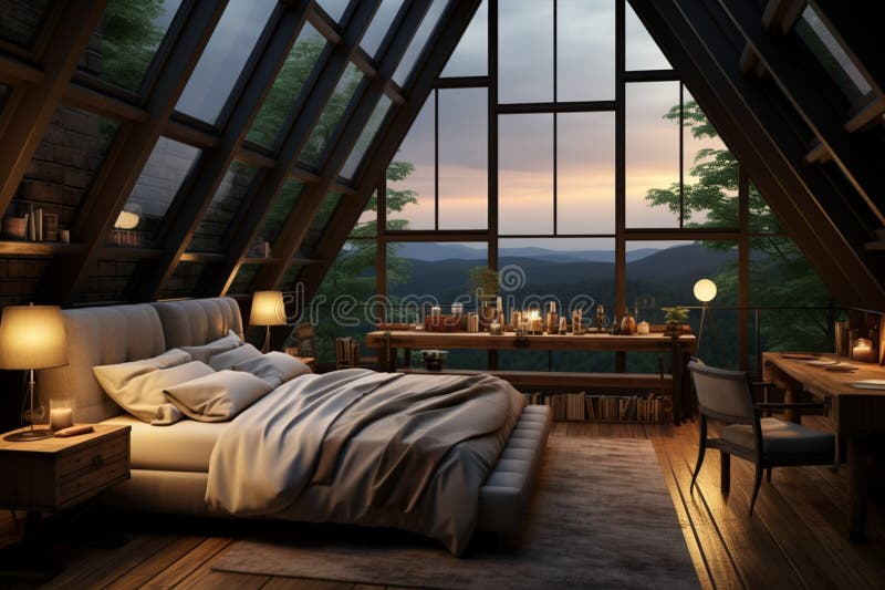 Luxurious Loft Dark Attic Master Bedroom with Large Windows Stock ...