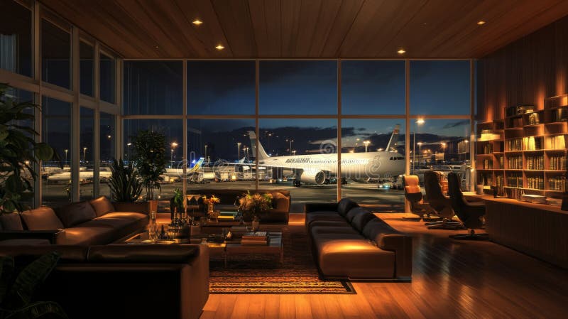 Luxurious Lounge with Airplane View at Night Stock Illustration ...