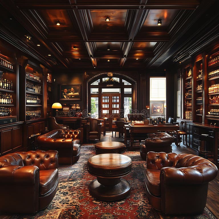 Luxurious Lounge with Rich Wood Paneling and Dim Lighting Features an ...