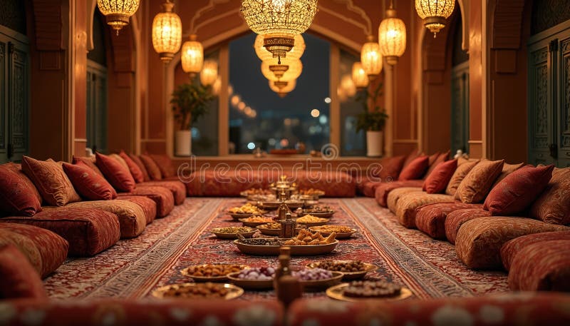 Luxurious Majlis Setup with Plush Low Seating, Spread of Delicious ...