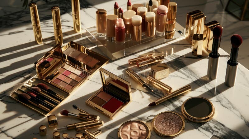 Luxurious Makeup Collection Displayed on Elegant Marble Surface Stock ...