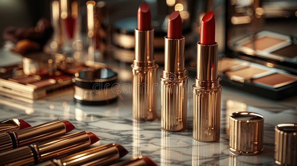 Luxurious Makeup Collection Displayed on Elegant Marble Surface Stock ...