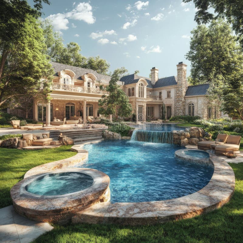 Luxurious Mansion with Elegant Pool and Spa Surrounded by Lush Greenery ...