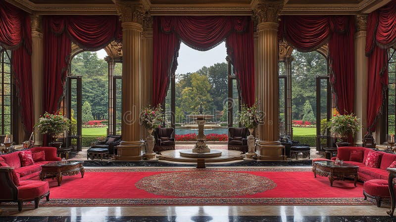 Luxurious Mansion Interior, Red Carpet, Garden View, Autumn Stock ...