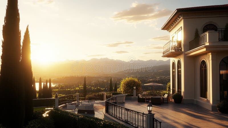 Luxurious Mansion Terrace Sunset Mountain View Stock Image - Image of ...