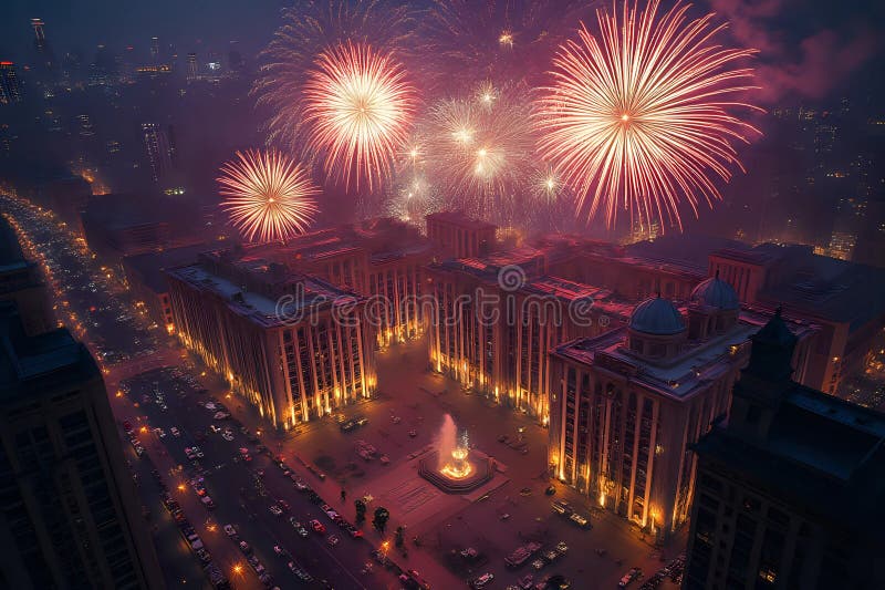 A Luxurious Marble Building with Colorful Fireworks Exploding Over a ...