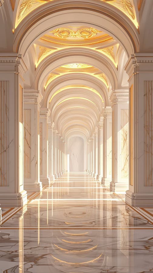 Luxurious Marble Hallway with Golden Arches, Richly Decorated Ceilings ...