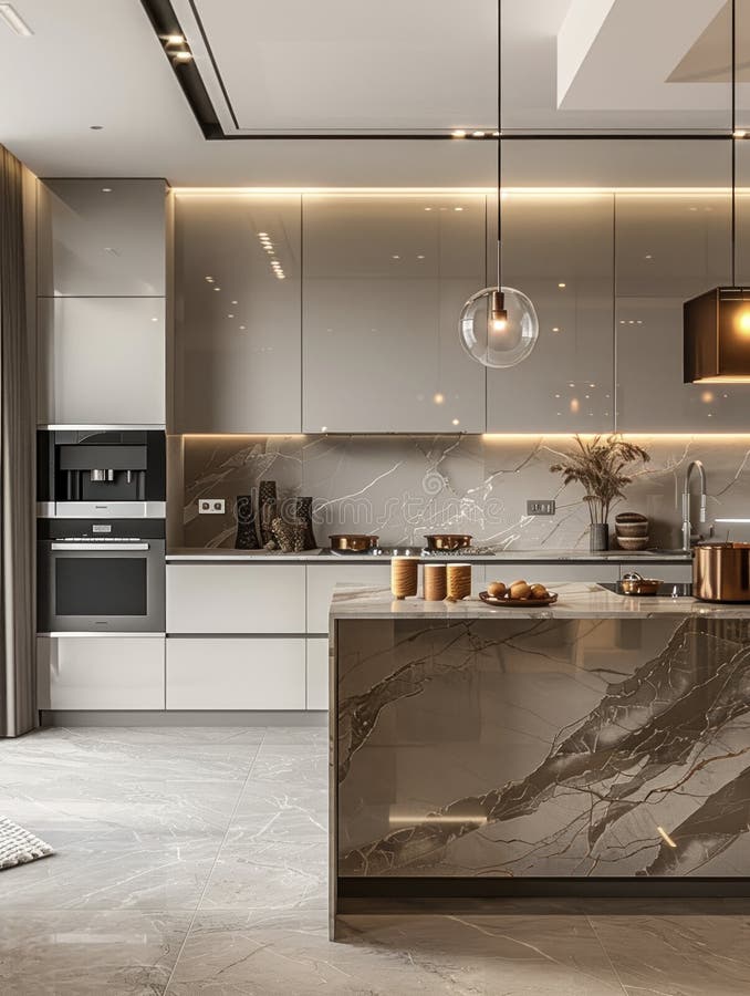 Luxurious Marble Kitchen with Modern Lighting and Appliances Stock ...