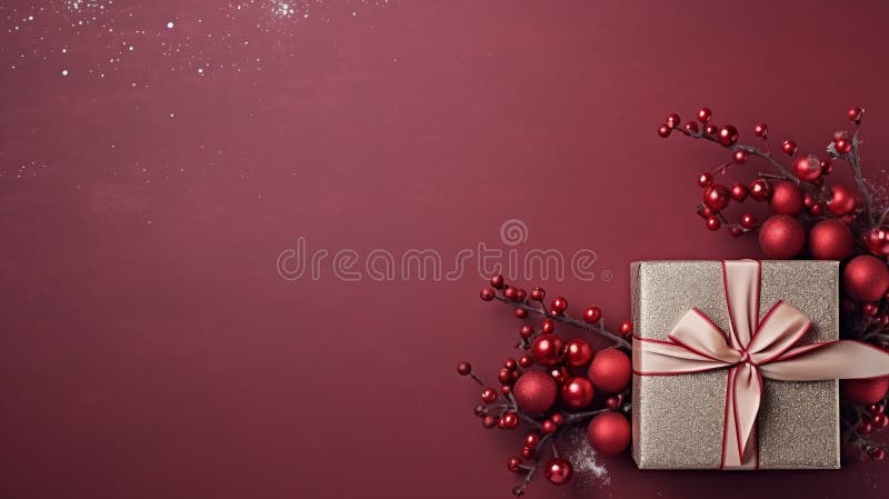 Luxurious Maroon Christmas Gift Box with Festive Berries on Red ...