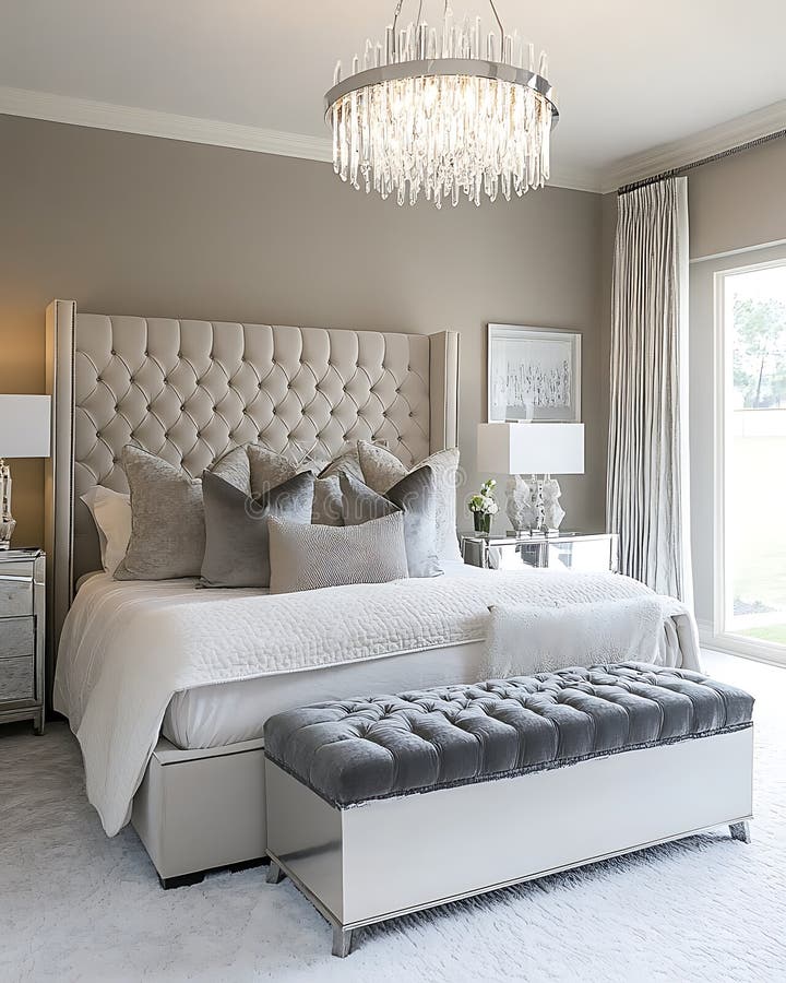 A Luxurious Master Bedroom with a Tufted Headboard Stock Illustration ...