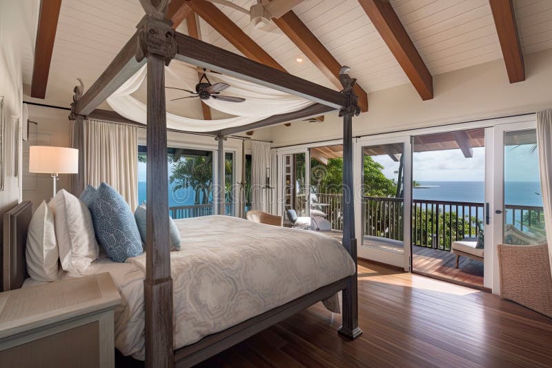 Luxurious Master Bedroom with View of the Ocean and Private Deck Stock ...