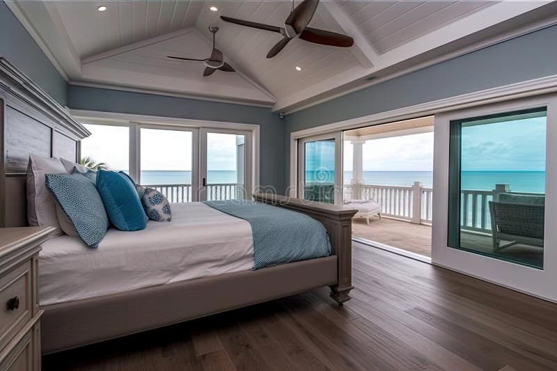 Luxurious Master Bedroom with View of the Ocean and Private Deck Stock ...