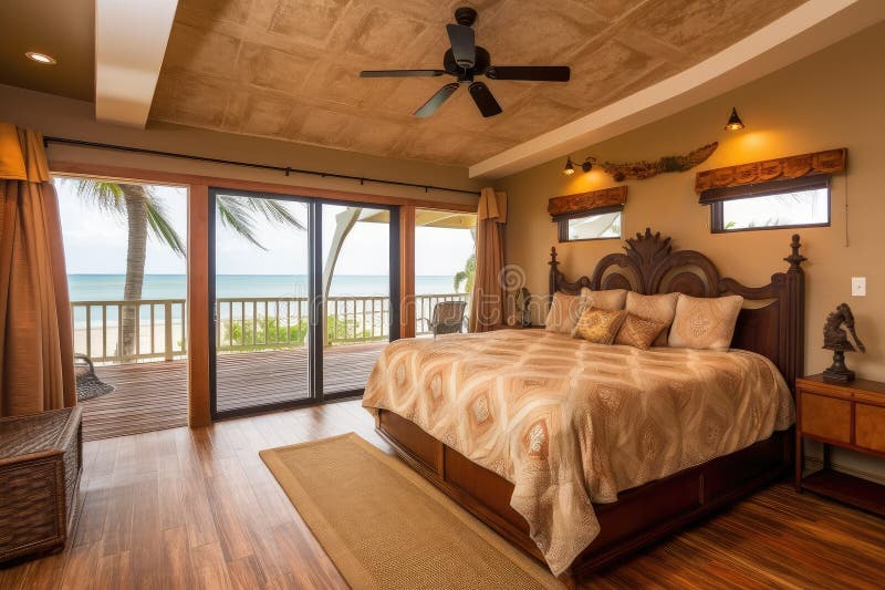 Luxurious Master Bedroom with View of the Ocean and Private Deck Stock ...