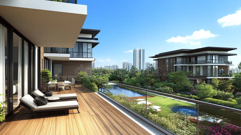 Luxurious Modern Apartment Balcony Overlooking a Pool and City Views ...