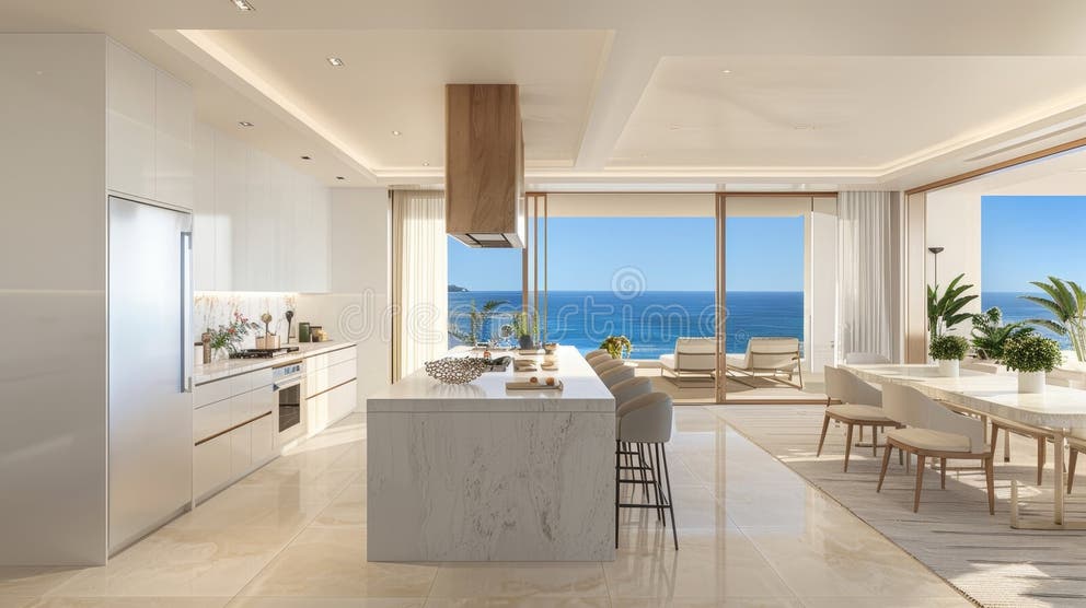 Luxurious Modern Apartment with a Sleek White Kitchen and Panoramic ...