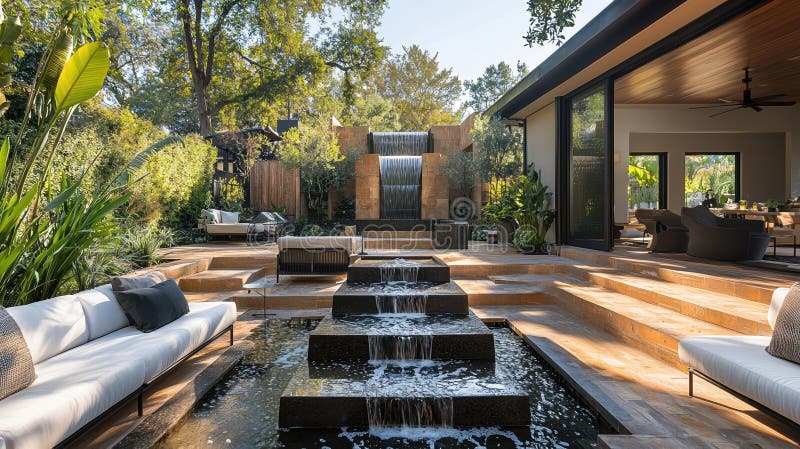 Luxurious Modern Backyard Oasis with Waterfall Feature Stock ...
