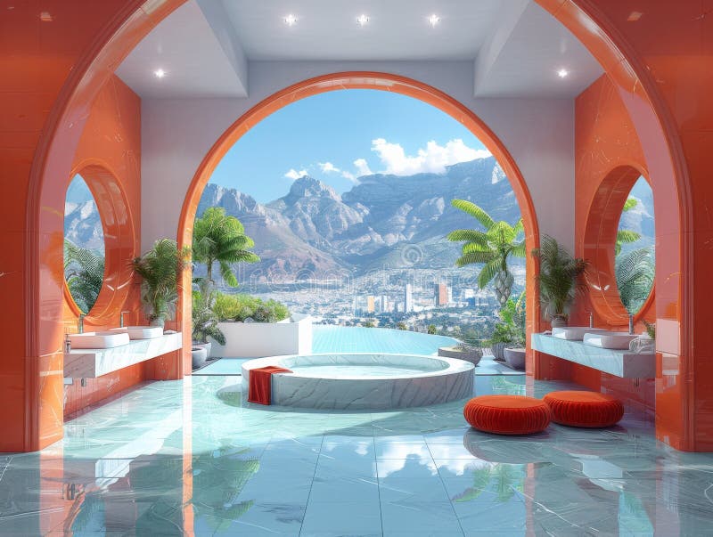 Luxurious Modern Bathroom with Mountain View and Circular Design Stock ...
