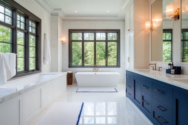 Luxurious Modern Bathroom with Freestanding Tub and Large Windows Stock ...