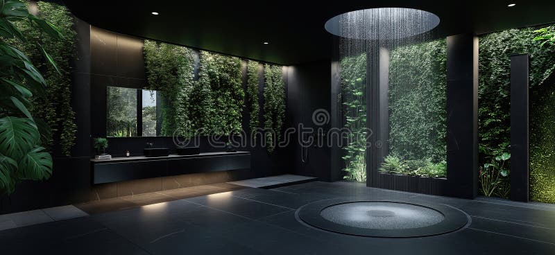 Luxurious Modern Bathroom with Greenery and Rainfall Shower Design ...