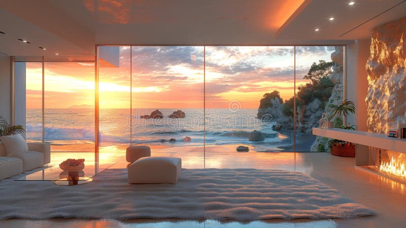 Luxurious Modern Beachfront Living Room with Sunset View - Generative ...